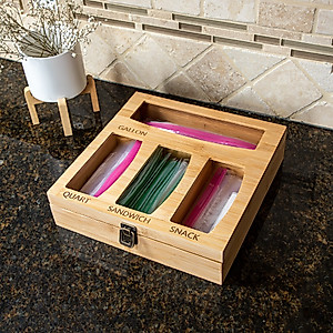 Ziploc Bag Organizers and Storage, Bamboo Wood Plastic Bag Holder for Kitchen Drawer, Compatible with Gallon, Quart, Snack, Sandwich, Pantry Organizer (4 in one), 12W 12L 3in