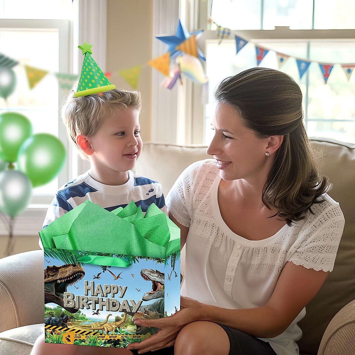 Dinosaur Birthday Gift Bag for Boys Girls Kid Dinosaur Happy Birthday Favor Bag Dinosaur Birthday Wrapping Paper Bag with Tissue Paper and Greeting Card for Dinosaur Birthday Christmas Party Supplies