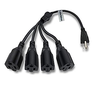 Cable Nahao 3 Prong 1 to 4 Outlet Power Cord Splitter Cord,Indoor Outdoor Cable Strip Outlet Saver,Power Extension Cable,SJT 16AWG,ETL Approved for Computer, LED Stage Light(20 Inch, Black)