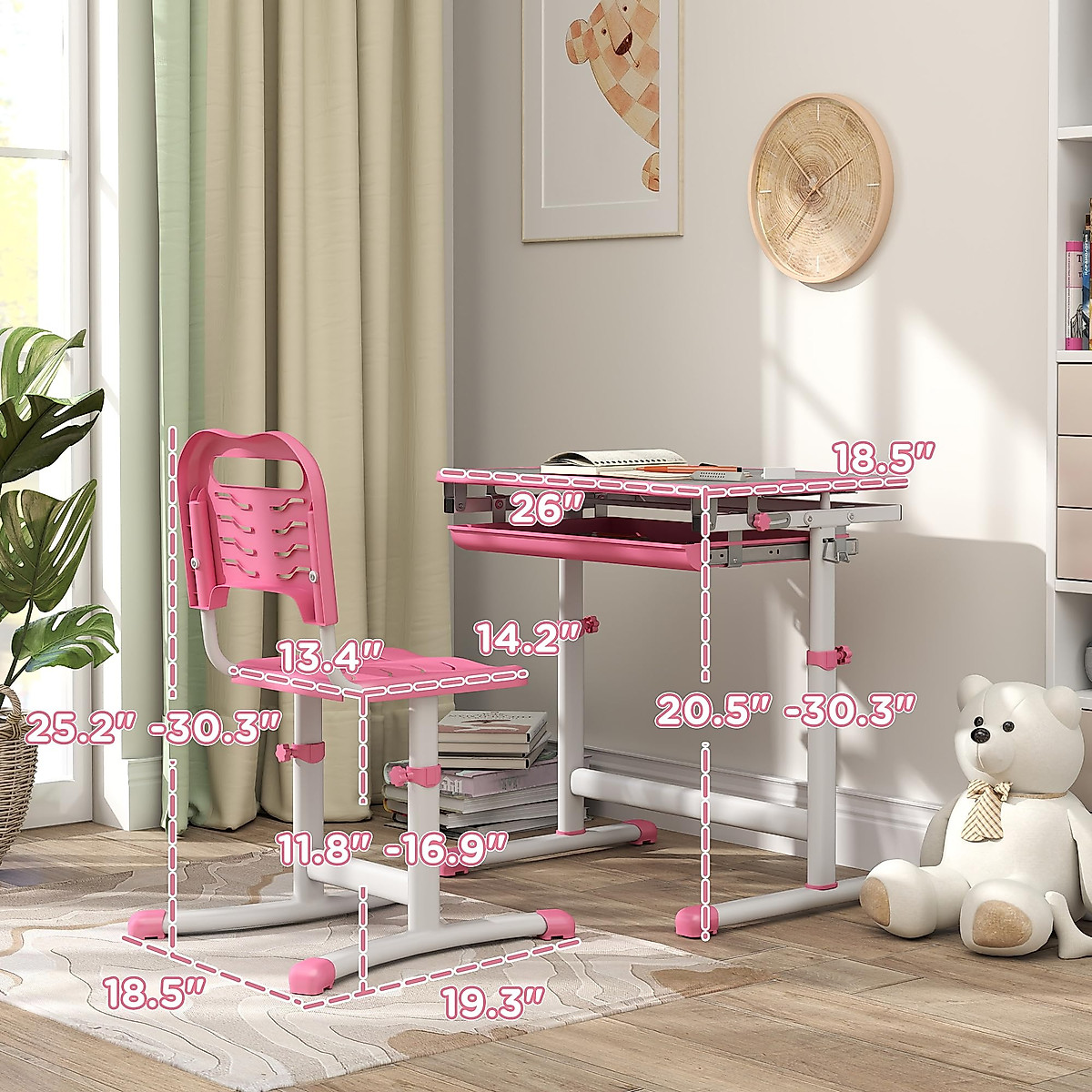 Qaba Kids Desk and Chairs Set, Height Adjustable Children School Study Desk with Tilt Desktop, Storage Drawer, Pen Slot, Hook, Ergonomic Table and Chair Set for Kids, Pink