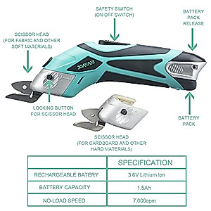 STEAJOK/JOAVANI Electric Scissors for Sewing, Cutting Fabrics, Crafting, Cardboard, Cordless Shears with Pouch (x2 Blade, x1 Battery - TG)