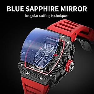 FEICE Watches for Men Automatic Skeleton Watch Waterproof Sapphire Crystal Japanese Movement Mens Wristwatch with Carbon Fiber Strap Anti Shock Business Watch FM602 B_Red