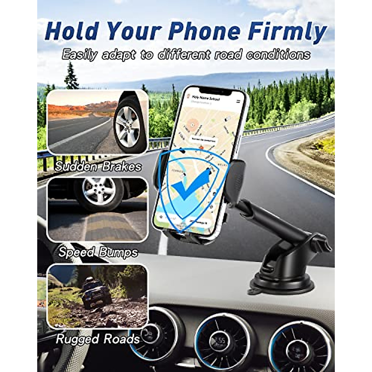 MLIFEMFUL Phone Mount for Car, 3 in 1 Car Phone Holder Mount Long Arm High Temperature Resistance Suction Cup,Cell Phone Holder for iPhone & All Smartphone Dashboard Windshield Vent Clip Compatible