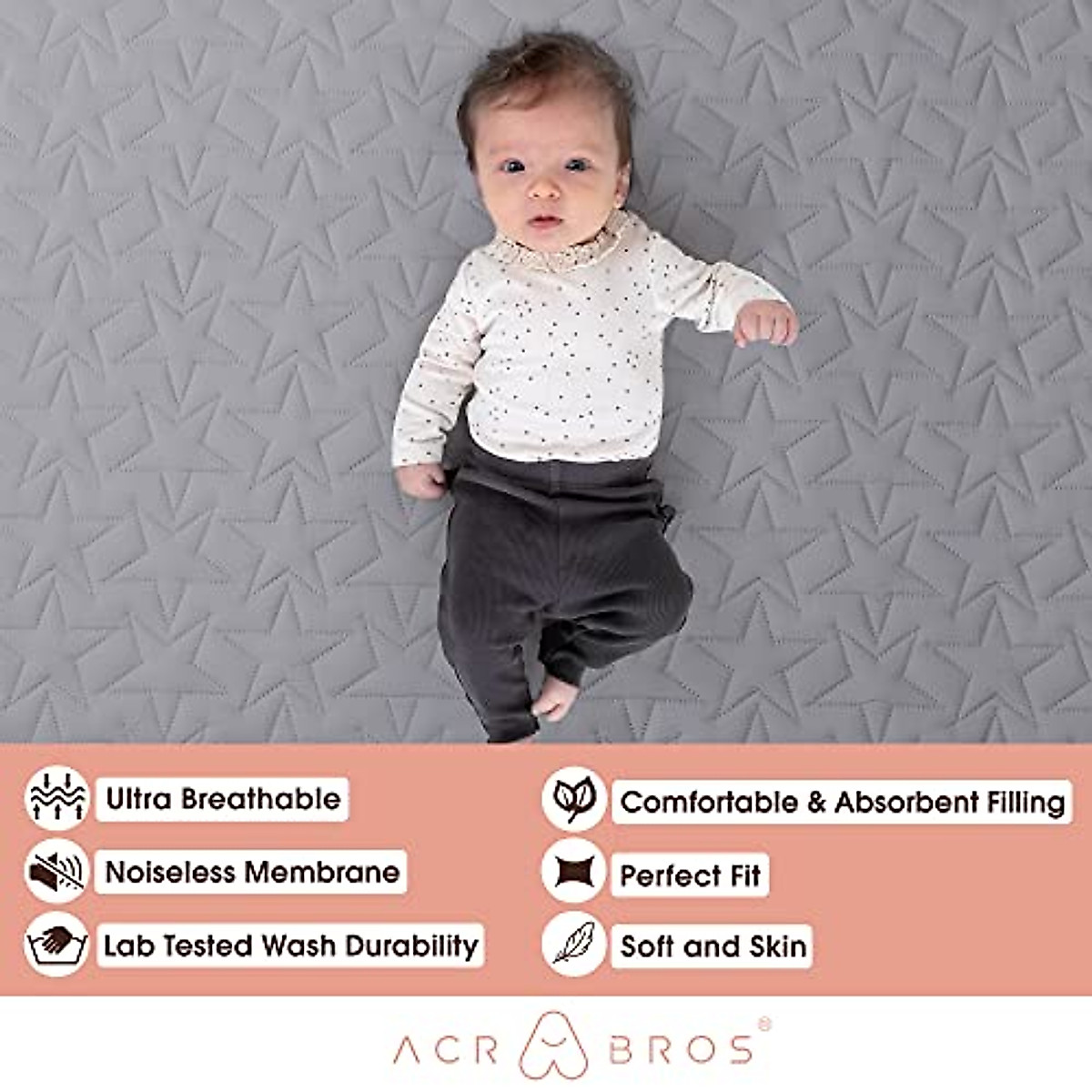 ACRABROS Pack n Play Sheets Fitted,2 Pack Waterproof Mini Crib Mattress Protector, Playard Sheets for Boys and Girls, Universal Fit Quilted Padded Ultra Soft,Gray & Pink