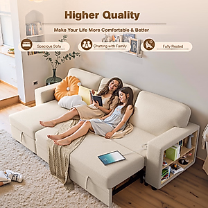 YESHOMY L-Shaped Sofa Bed Convertible Sectional Couch for Living Room with Pull Out Sleeper, Storage Chaise & 2 Built-in Bookcases, Light Beige