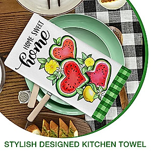 Seliem Hello Summer Gnome Watermelon Lemon Kitchen Dish Towel Set of 2, Buffalo Plaid Check Hand Towel Farmhouse Drying Baking Cooking Cloth, Home Sweet Home Seasonal Kitchen Decor 18x26 Inches