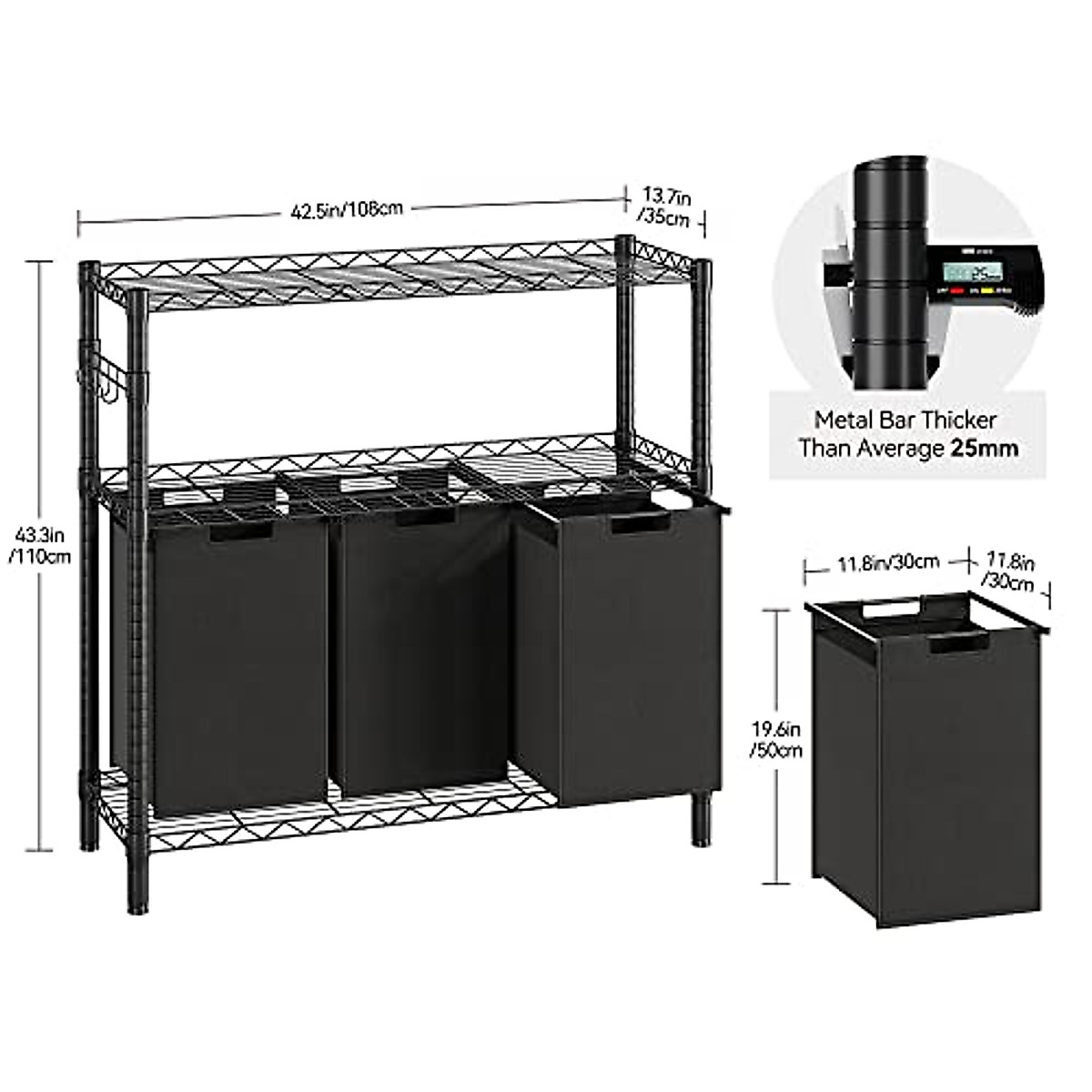 Laundry Sorters with 3 X 45L Pull-Out & Removable Laundry Bags, 2 Tier Adjustable Metal Storage Shelf, Oxford Fabric Laundry Baskets, Black