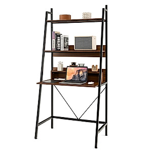 Tangkula 3-Tier Ladder Computer Desk, 71 Inch Modern Writing Desk with Storage Shelves, PC Laptop Workstation, Ladder Bookcase Stand Shelf with Metal Frame, Study Shelf Desk for Home Office (Brown)