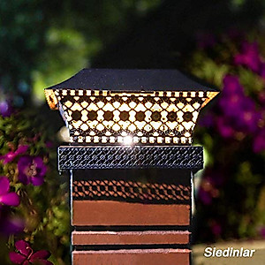 SIEDiNLAR Solar Post Lights Outdoor Fence Deck Cap Light Solar Powered Metal Warm White LED Lighting Waterproof for Garden Patio Decoration 4x4 5x5 Wooden Posts Black (2 Pack)