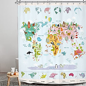 LGhtyro Kid Animal World Map Shower Curtain Bathroom Set 60Wx71H Inches Educational Funny Cartoon Wildlife Learning Tools Geography Bath Accessories for Boy Girl Art Home Decor Fabric 12 Pack Hooks