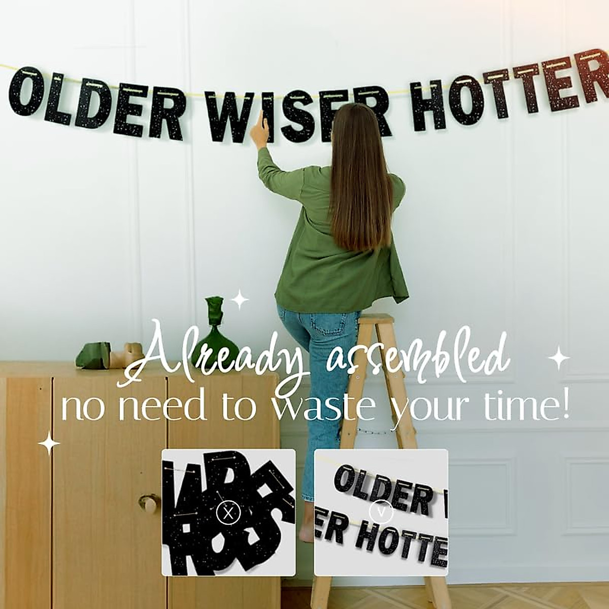 Pre-Strung Older Wiser Hotter Birthday Decorations - Creative Shining Black Happy Birthday Banner - No DIY Party Decorations For Men And Women - Funny Happy Birthday Sign - Thick Cardstock - 9.8 Ft