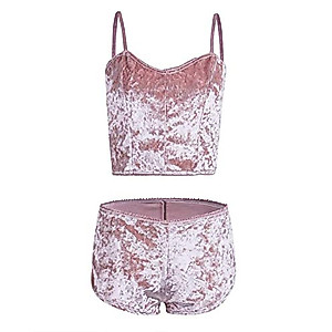 Springcmy Women's Velvet 2PCS Outfits Spaghetti Strap Crop Top and Shorts Pajama Sets (Pink,S)