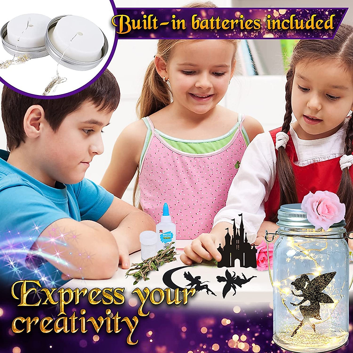 FUNZBO Fairy Lantern Jar Craft Kit - Arts and Crafts for Girls with Fairy and Unicorn Silhouettes, Kids Night Light for Room Decorations, Kids Art Projects, Craft Kits for Kids Ages 4-8