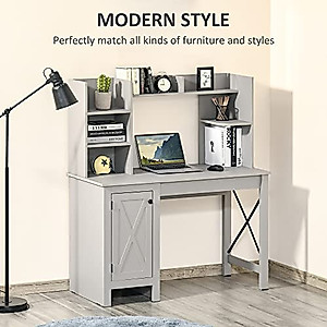 HOMCOM Farmhouse Computer Desk with Hutch and Cabinet, Home Office Desk with Storage, for Study, Light Grey