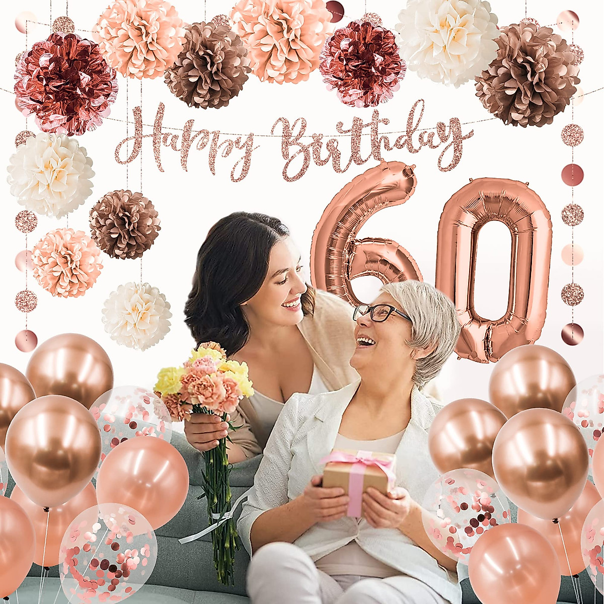 60th Birthday Party Decorations Rose Gold Decor Party Supplies Tissue Pom Poms Paper Circle Dots Garlands, Hanging Party Supply Set for 60th Anniversary Decorations Birthday Party Backdrop