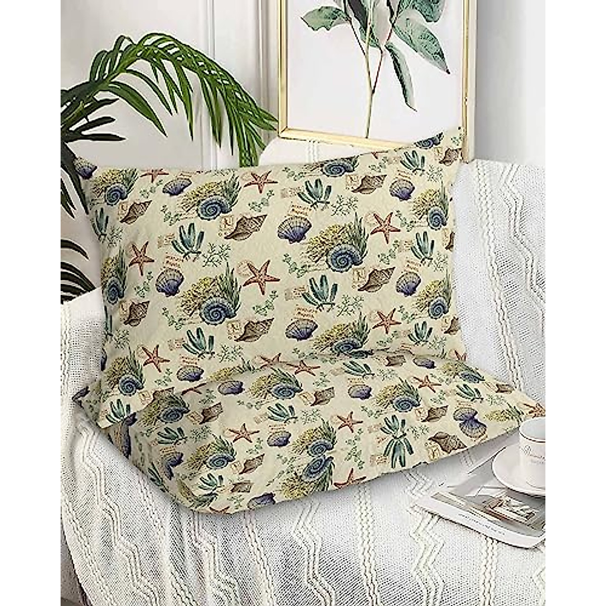 Edwiinsa Summer Beach Pillow Covers Standard Size Set of 2 20x26 Bed Pillow, Ocean Coastal Conch Shell Starfish Farmhouse Plush Soft Comfort for Hair/Skin Cooling Pillowcases with Envelop Closure