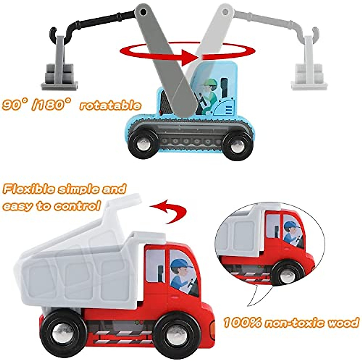 umu Construction Toy Cars 7 PCS Wooden Kids Mini Vehicles for Toddlers, Compatible to Thomas Train Toys Railway and Major Brands, Best for 3 to 5 Year Old Boys and Girls