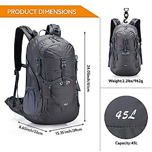 G4Free 45L Hiking Travel Backpack Waterproof with Rain Cover, Outdoor Camping Daypack for Men Women (Dark Grey)
