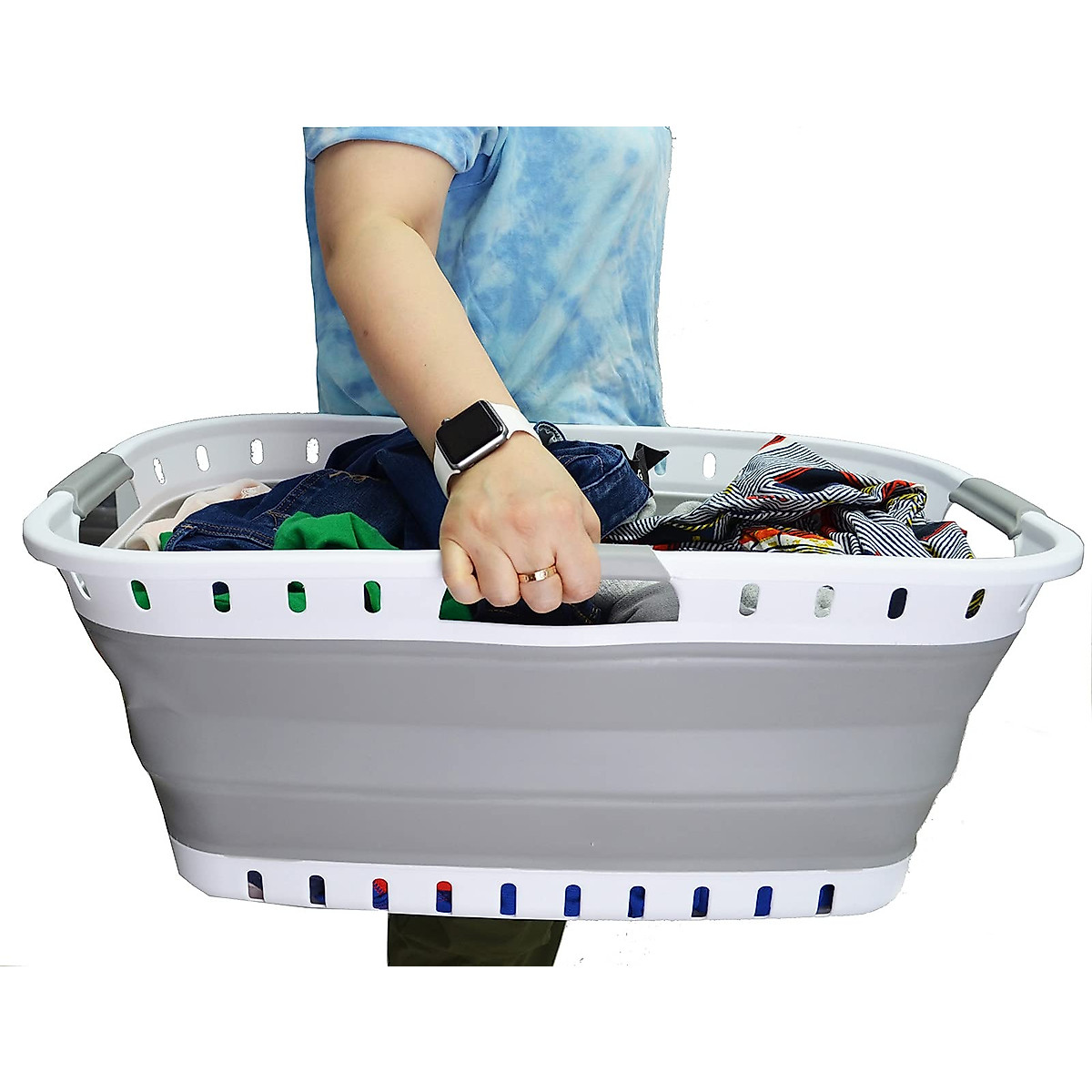 SAMMART 44L (11.62 gallons) Collapsible Plastic Laundry Basket - Foldable Laundry Hamper-Portable Storage Container/Organizer - Pop Up Saving (White/Grey)