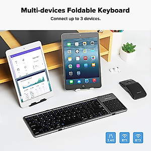 DeLUX Foldable Keyboard with Touchpad and Numeric Keypad, 2.4G Wireless and Bluetooth, Rechargeable Portable Travel Folding Keyboard with PU Leather, for iOS Android Windows Tablet (KF18)