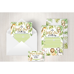 Your Main Event Prints Jungle Baby Shower Invitations, Safari Elephant, Giraffe, Lion and Monkey Baby Shower Invites with Diaper Raffles Cards, Sprinkle, 20 Invites Including Envelopes