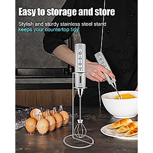 Nahida Handheld Milk Frother for Coffee with Stand， Rechargeable Drink Foam Mixer with 3 Heads 3 Speeds Electric Stirrers for Latte, Cappuccino, Hot Chocolate, Egg, Cord-Free