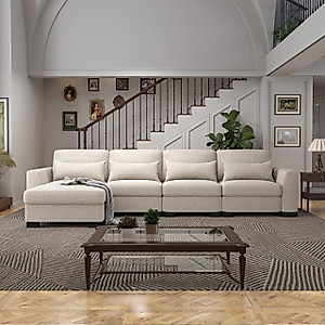 Lonkwa 130" Modular Sectional Sofa Couch, Beige Convertible L-Shaped Couch with 4 Pillow, 4 Seat Modern Fabric Modular Sectional Couch with Storage Ottoman, Sectional Couches for Living Room