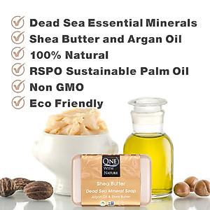 One With Nature Dead Sea Mineral Shea Butter Soap 7oz 3Pack with Argan Oil - Dead Sea Salt Contains Magnesium, Sulfur & 21 Essential Minerals for All Skin Types, Eczema, Psoriasis, Acne, 100% Natural