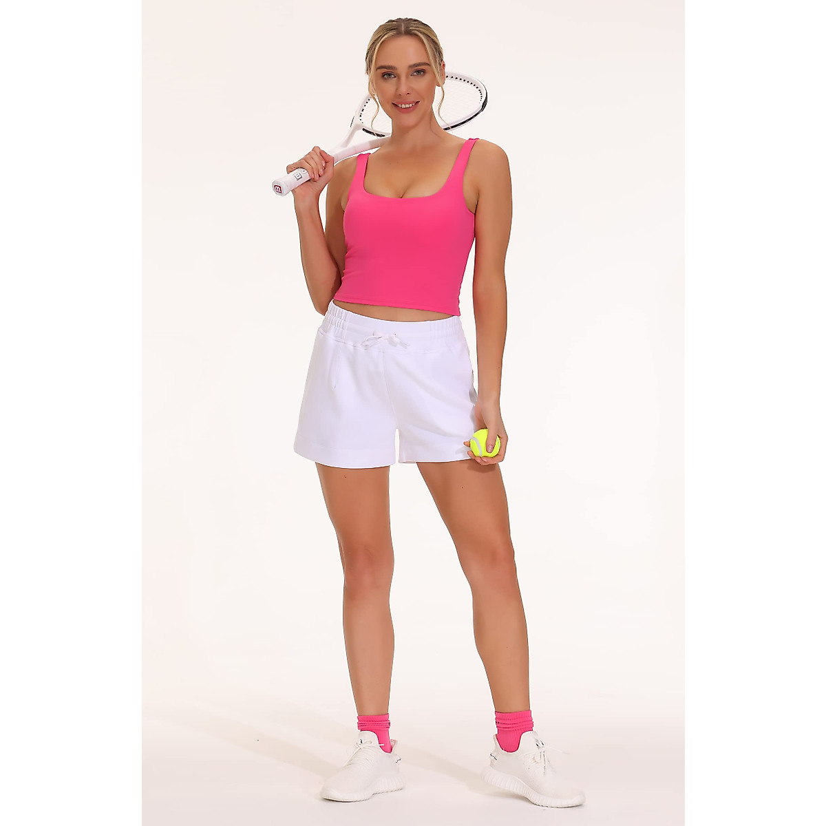 THE GYM PEOPLE Women's Square Neck Longline Sports Bra Workout Removable Padded Yoga Crop Tank Tops Bright Pink