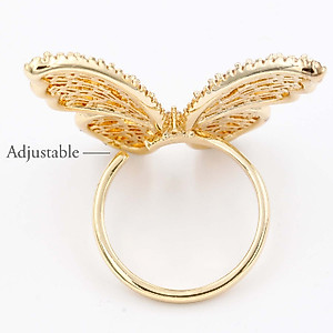 Lavencious Art Cocktail Butterfly Fashion Ring Size Adjustable from 6-8.5 Cubic Zirconia Jewelry for Women (Gold - Clear)