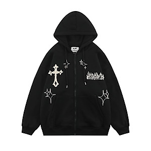 Ponitrack Aesthetic Hoodie Y2K Hoodie Gothic Hoodie Flame Cross Print Streetwear Women Oversized Hoodie Zip Up (Black,L,Large)