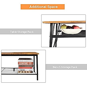 AKVOMBI Dining Table Set for 6 with Bench, Kitchen Table and Chairs Set, Dinning Room Table with Storage Racks, Rectangular Table, 4 Chairs, Steel Frame, Brown