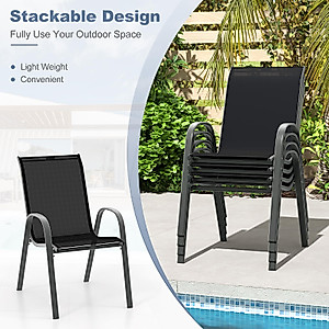 MEDIMALL Patio Chairs, Stackable Patio Chairs Set of 4, Black Lawn Chairs with Armrest & Breathable Fabric for All Weather, Outdoor Dining Chairs for Yard, Poolside, Balcony, Garden