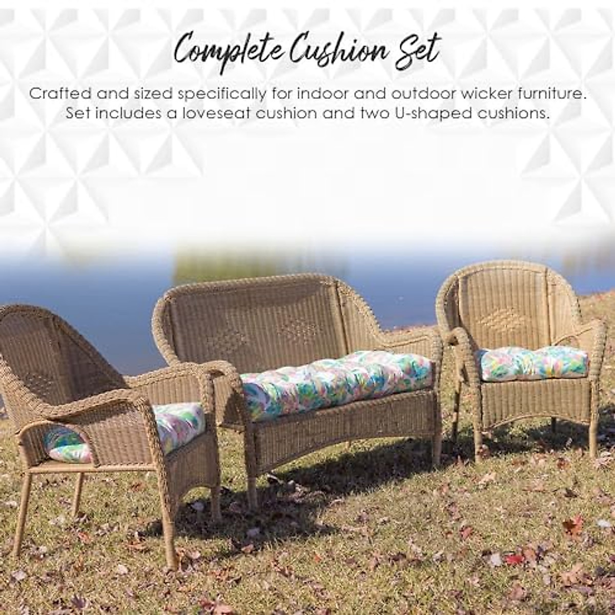 RSH DECOR Indoor Outdoor 3 Piece Tufted Wicker Cushion Set, Two U-Shape 19" x 19" and Loveseat 41" x 19" Daelyn Cherry Red with Blue Yellow, Green Floral