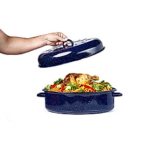 IMUSA USA 18" Traditional Vintage Style Blue Speckled Enamel on Steel Covered Oval Roaster