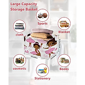 Storage Basket Pink Ballet Girl Storage Bin with Handles, Cute Princess Africa American Dancer Collapsible Organizer Storage Cubes Bins for Closet, Laundry Clothes, Bathroom, Nursery Toys