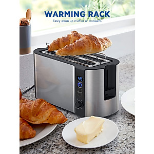 DyBaxa Stainless Steel Toaster 4 Slice Smart LED, Toaster 2 Slice Long Slot, 4 Slice Toaster Wide Slot for Bagel Sourdough Artisan Croissant Muffin, 6 Browning Control, Warming Rack, Crumb Tray