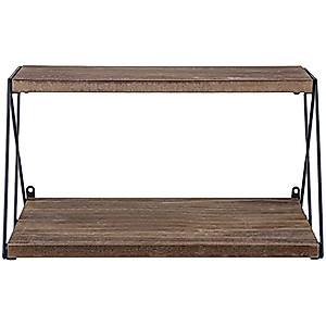 MyGift Wall Mounted 2 Tier Floating Display Shelf, Rustic Burnt Wood Collectibles Storage Shelf with Geometric Matte Black Metal Wire Side Brackets