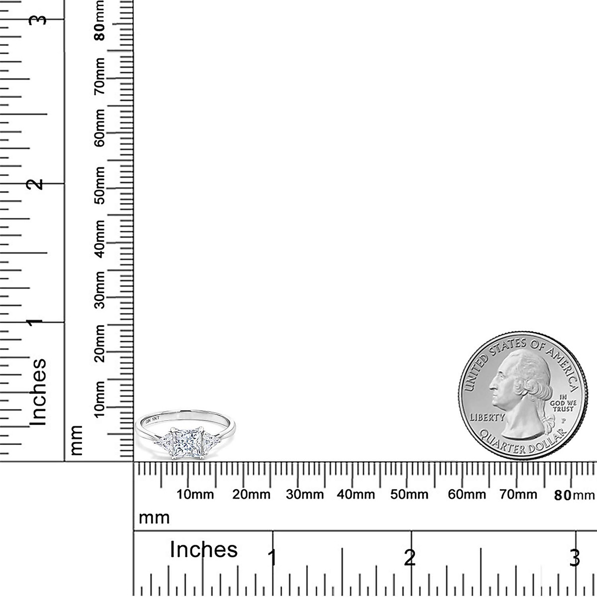 Gem Stone King 10K White Gold White Moissanite Engagement Ring | 1.12 Cttw | Princess Center 5MM | Trillion 3.5MM | 3 Stone Wedding Anniversary Promise Ring For Women (Size 8)