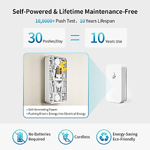 Door Bell Ringer Wireless, Batteryless Wireless Doorbell Loud Enough, Smart Remote Wireless Doorbells for Home Apartment Classroom Office, One Self-Powered Push Button & Two Plug in Receivers, White
