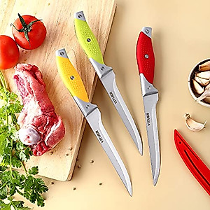 VITUER Boning Knife, 6PCS Fillet Knives (3PCS Filet Knife and 3PCS Knife Cover), 6 Inch Curved Boning Knife for Meat, Fish, Poultry, Cutting, Trimming, German Steel, PP Handle