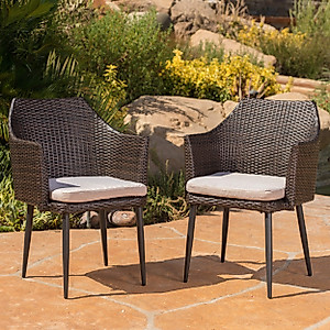 Christopher Knight Home Iona Outdoor Wicker Dining Chairs with Metal Legs and Water Resistant Cushions, 2-Pcs Set, Multibrown / Textured Beige / Dark Brown