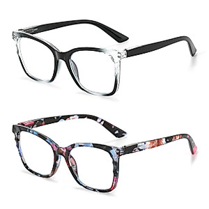 Areyeth 2 Pair Oversized Square Trendy Reading Glasses for Women, Blue Light Blocking Computer Readers with Flexible Spring Hinge(Multicolor + Black, 3.0)