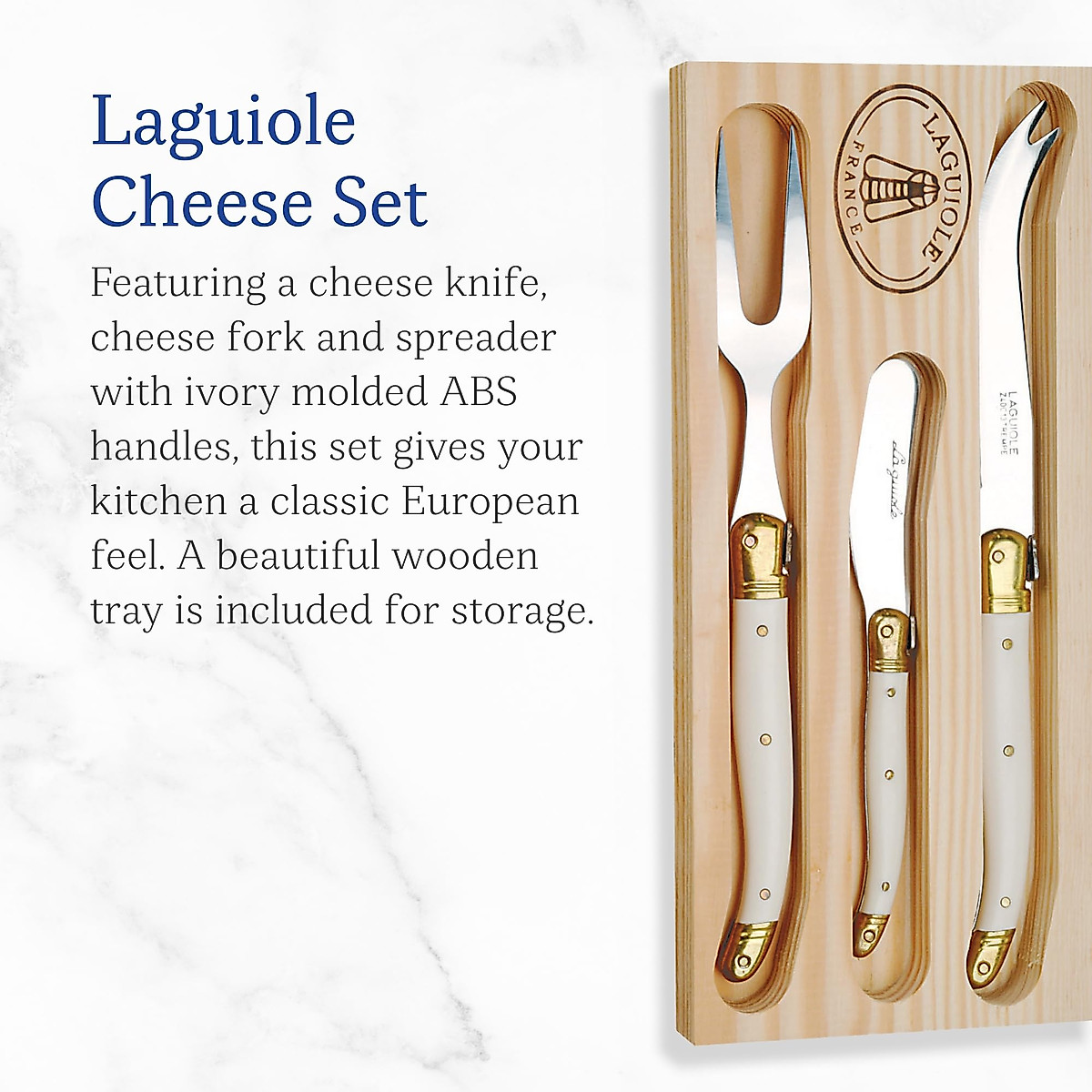 Jean Dubost 3-Piece Cheese Knives Set in Box, Ivory