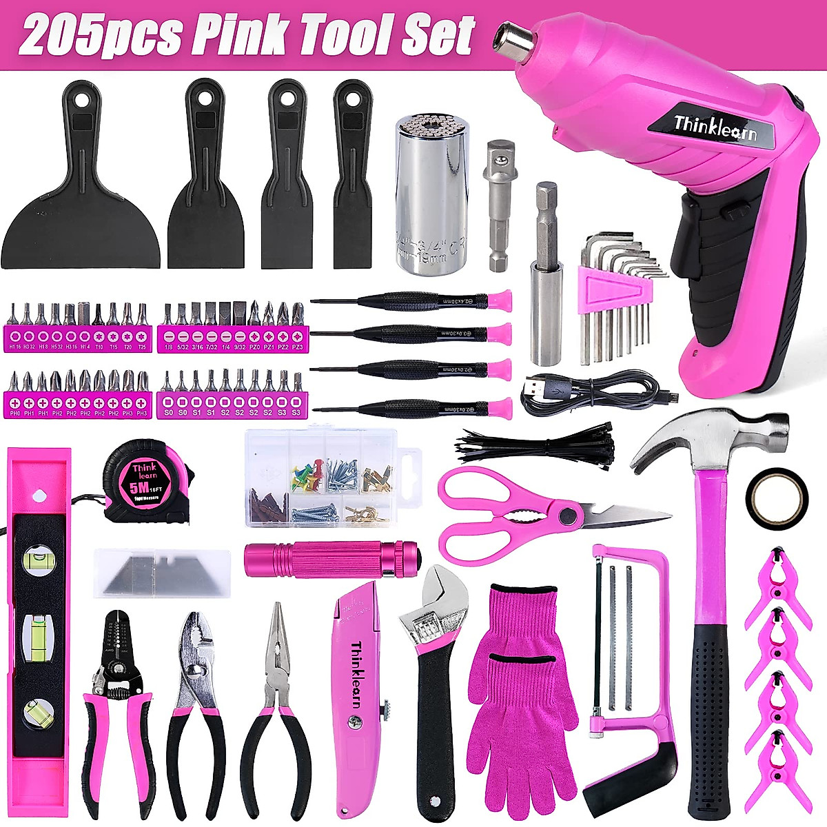 Pink Tool Set, 205 Piece Home Tool Kit with 3.6V Electric Screwdriver and Universal Sockets Tools, Pink Tool Kit with Storage Tool Bag, Tool Sets for Women, for Gift, Home Repair, Dorm