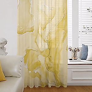 Chiffon Sheer Curtains & Drapes 45 Inch Long, Lightweight Breathable Voile Window Curtain Panels Yellow Marble with Gold Silver Glitter Splatter Curtains Backdrop Drapes for Bedroom Livingroom Wedding