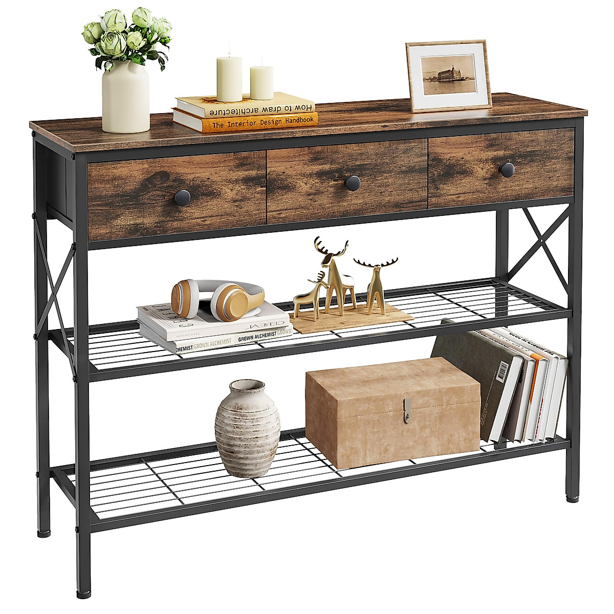 FAVOOSTY Narrow Console Table with 3 Fabric Drawers-39.8" Industrial Entryway Table with 3-Tier Storage Shelves, Thin Sofa Table for Living Room, Hallway, Entry Way, Foyer, Kitchen, Rustic Brown&Black
