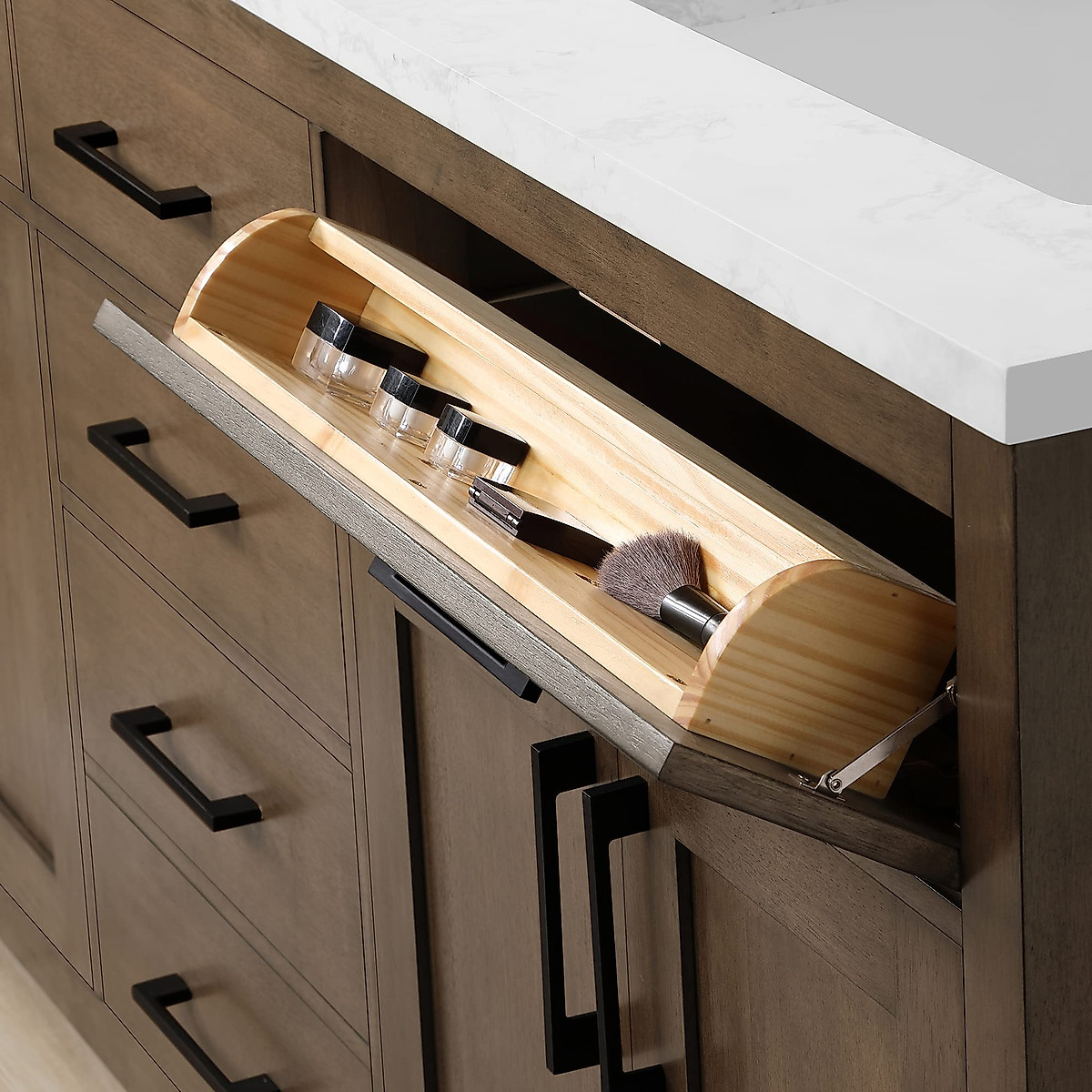 OVE Decors Maya Plus 72 in. Double Sink Bathroom Vanity in Almond Latte Finish, Black Hardware and Included Power Bar