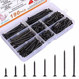 190PCS Premium Drywall Screws, Quality Black Steel #7 Sharp Point Self Tapping Screws with Phillips Drive, 8 Different Sizes Screws Assortment Set, Ideal Screw for Drywall Sheetrock, Wood and More