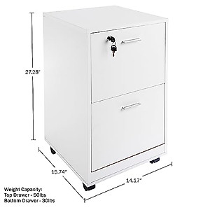 Lavish Home File Cabinet - 2-Drawer Cabinet with Lock and Deep Drawer Storage - Rolling Filing Cabinet for Under The Desk, Home, or Office (White)
